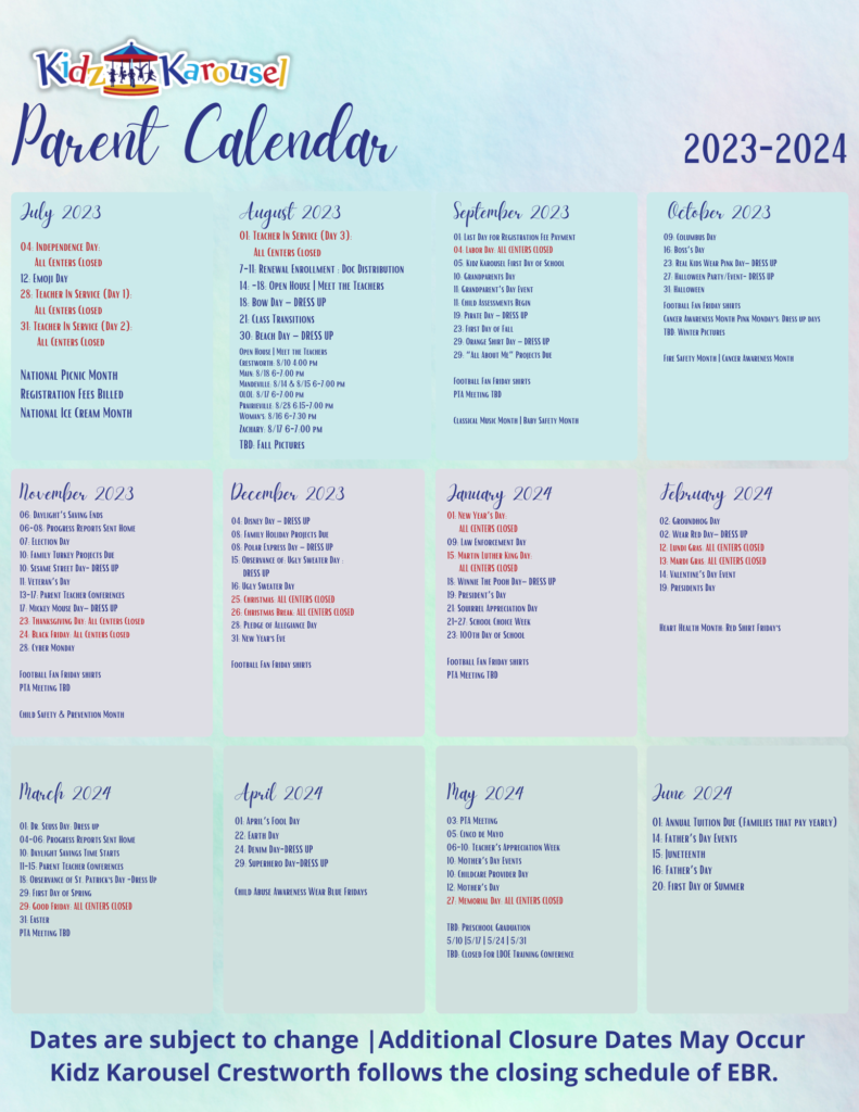 Calendar 2020-2021 – Kidz Karousel | Early Childhood Developmental Centers